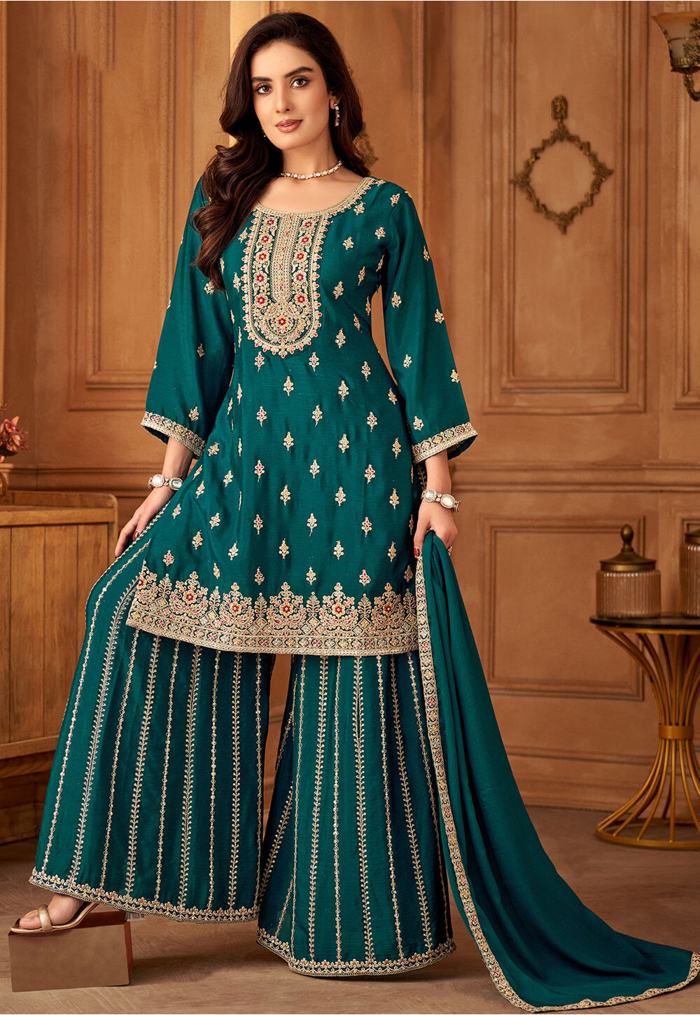 Buy Embroidered Art Silk Pakistani Suit in Turquoise Online : KRD500 ...