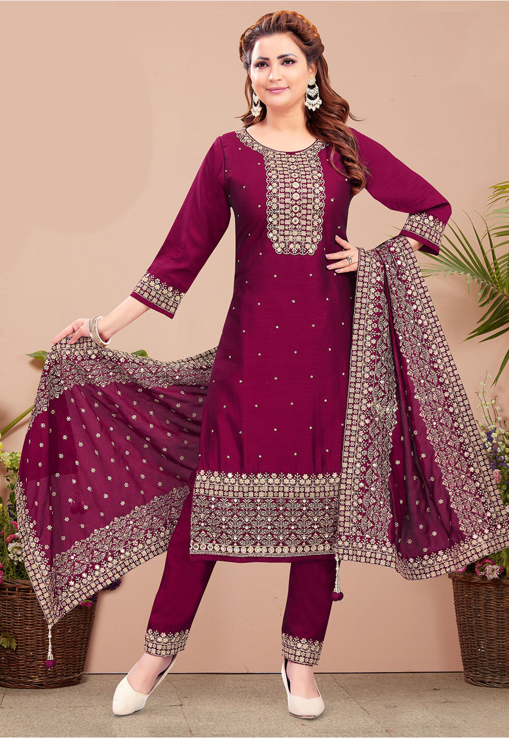 Buy Embroidered Art Silk Pakistani Suit in Wine Online : KBN1157 ...