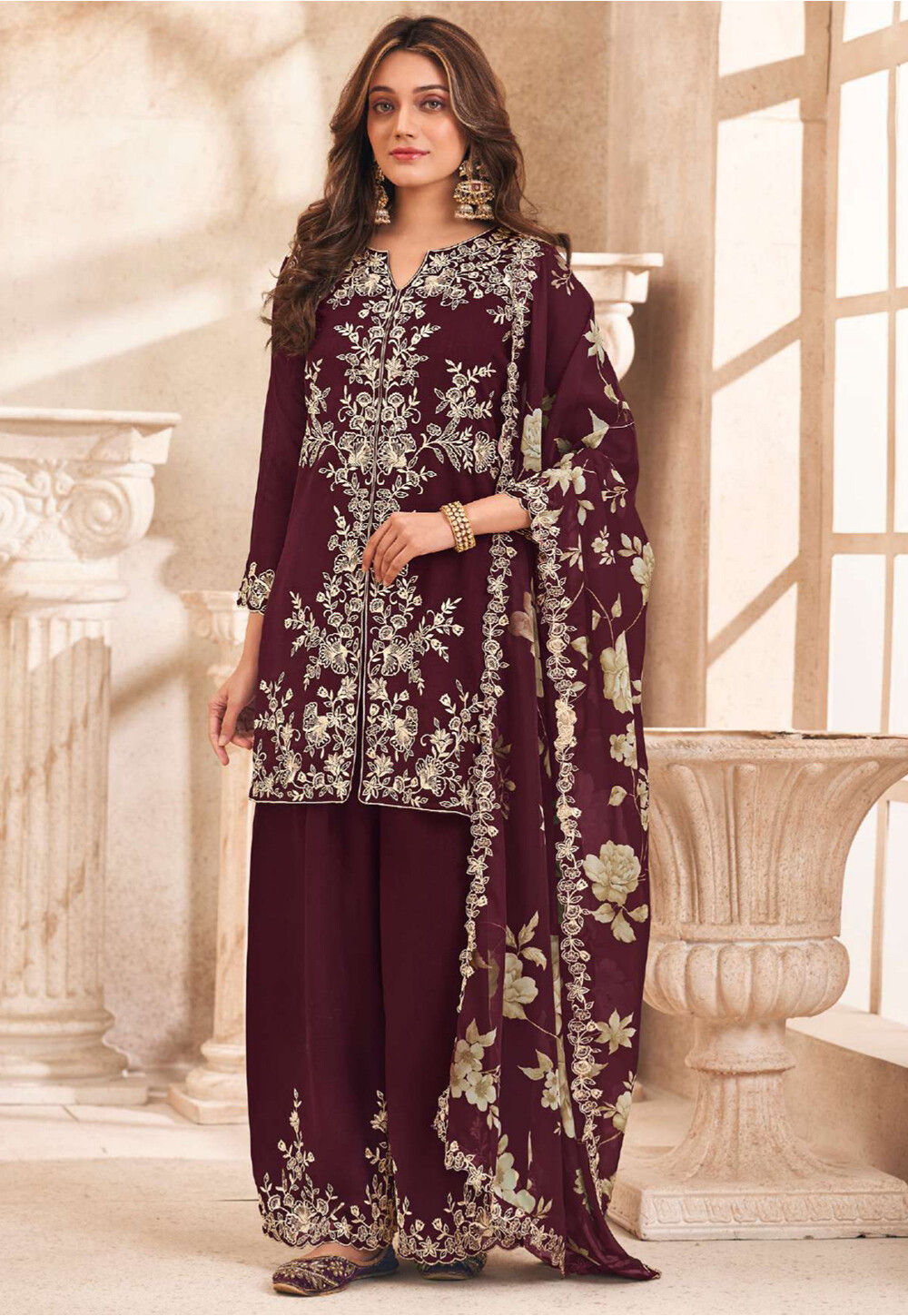 Buy Embroidered Art Silk Pakistani Suit in Wine Online : KCH14709 ...