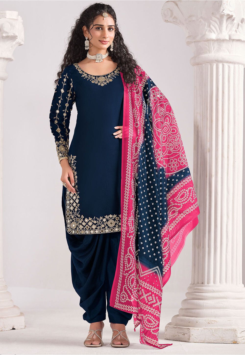 Buy Embroidered Art Silk Punjabi Suit in Dark Teal Blue Online ...