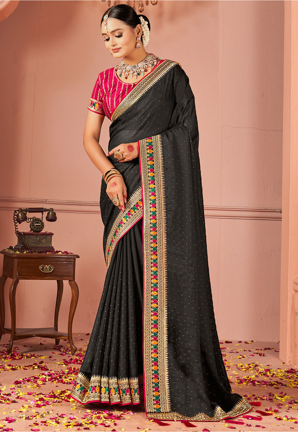 Buy Embroidered Art Silk Saree in Black Online : SEW16056 - Utsav Fashion