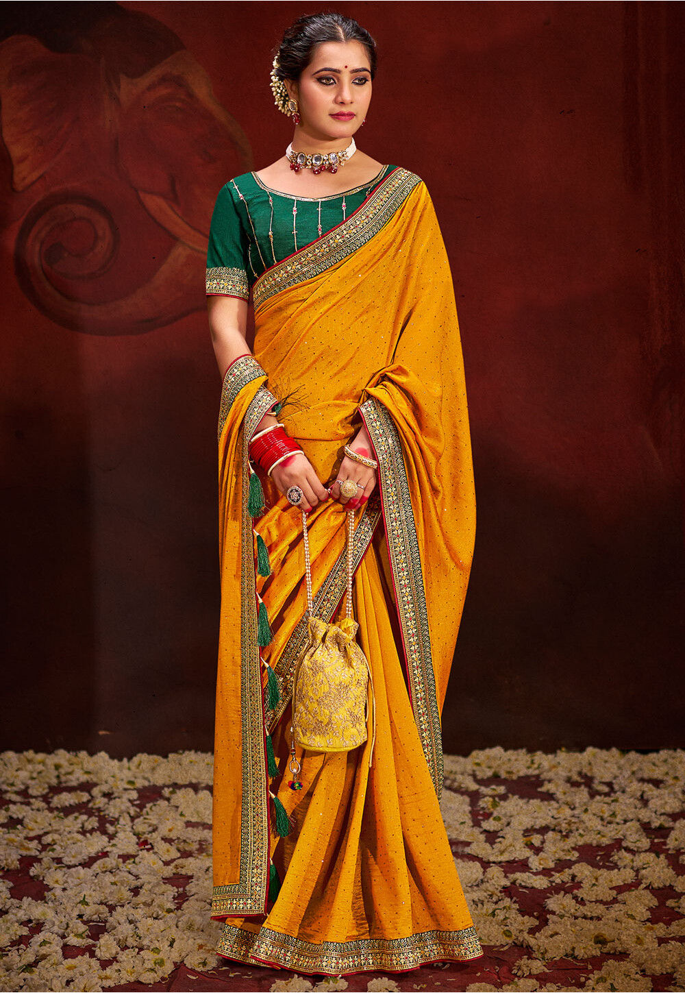Buy Embroidered Art Silk Saree in Mustard Online : SEW15737 - Utsav Fashion