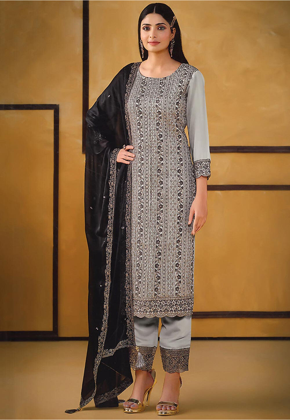 Buy Embroidered Art Silk Scalloped Pakistani Suit in Grey Online ...
