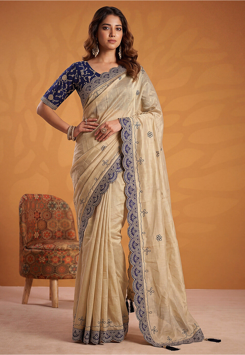 Buy Embroidered Art Silk Scalloped Saree in Light Beige Online ...