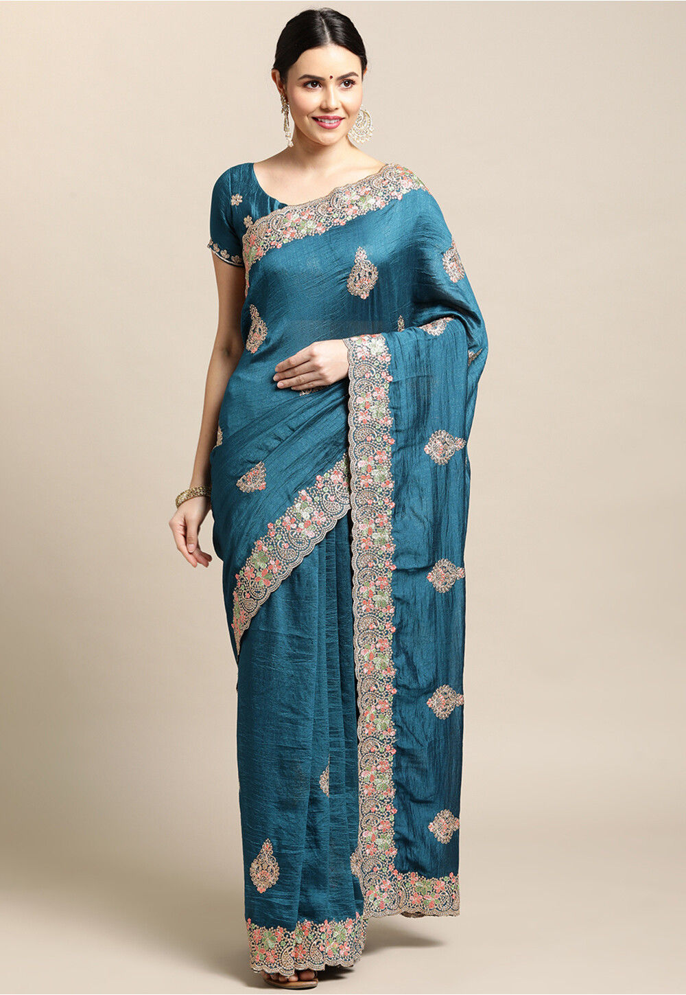Buy Embroidered Art Silk Scalloped Saree in Teal Blue Online : SGFA112 - Utsav Fashion