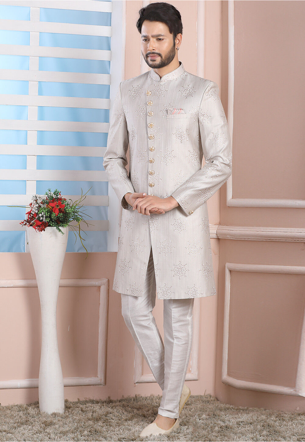 Buy Embroidered Art Silk Sherwani in Light Grey Online : MLY581 - Utsav ...