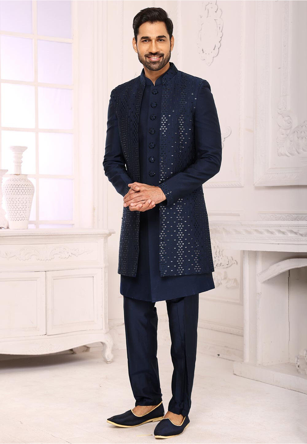 Embroidered Art Silk Sherwani in Navy Blue : MGV1572