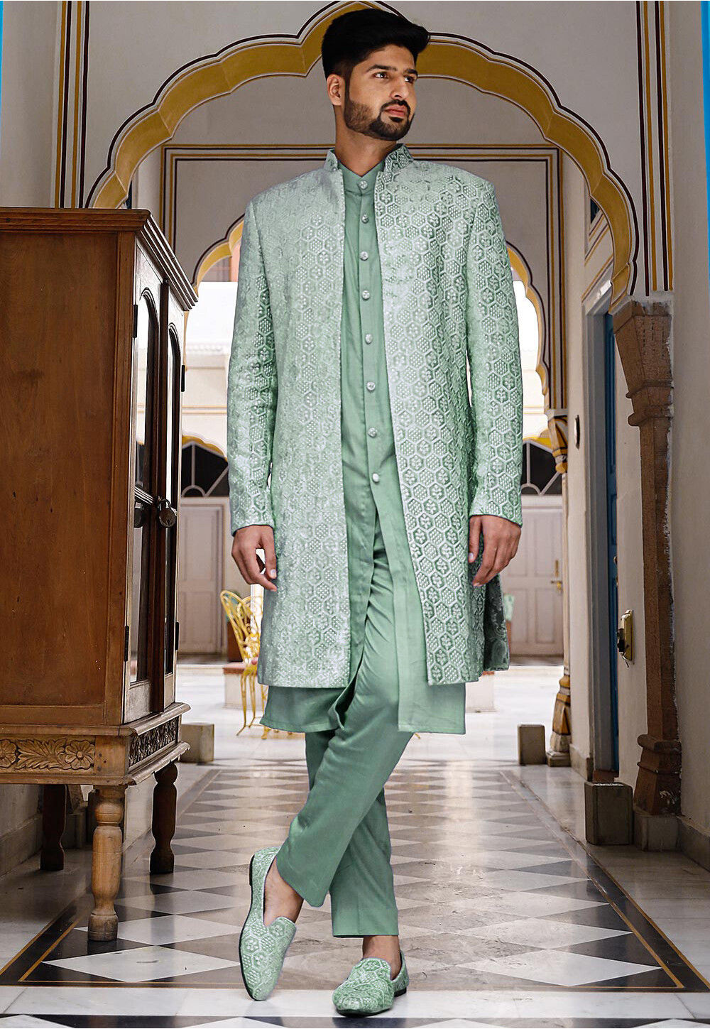 Buy Embroidered Cotton Silk Sherwani in Pastel Green Online : MTE1550 ...