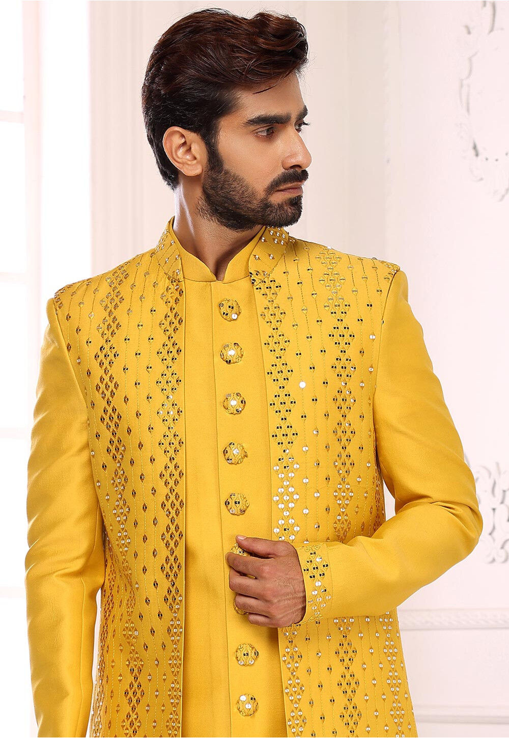 Buy Embroidered Art Silk Sherwani in Yellow Online : MGV1571 - Utsav ...