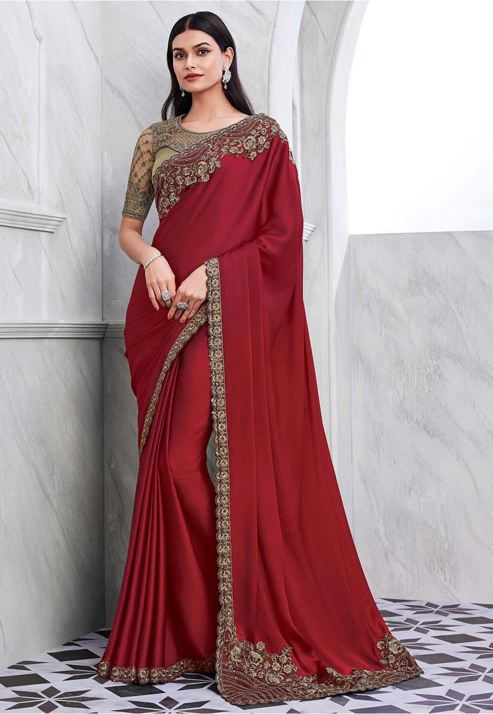 Buy Embroidered Border Art Silk Scalloped Saree in Red Online ...