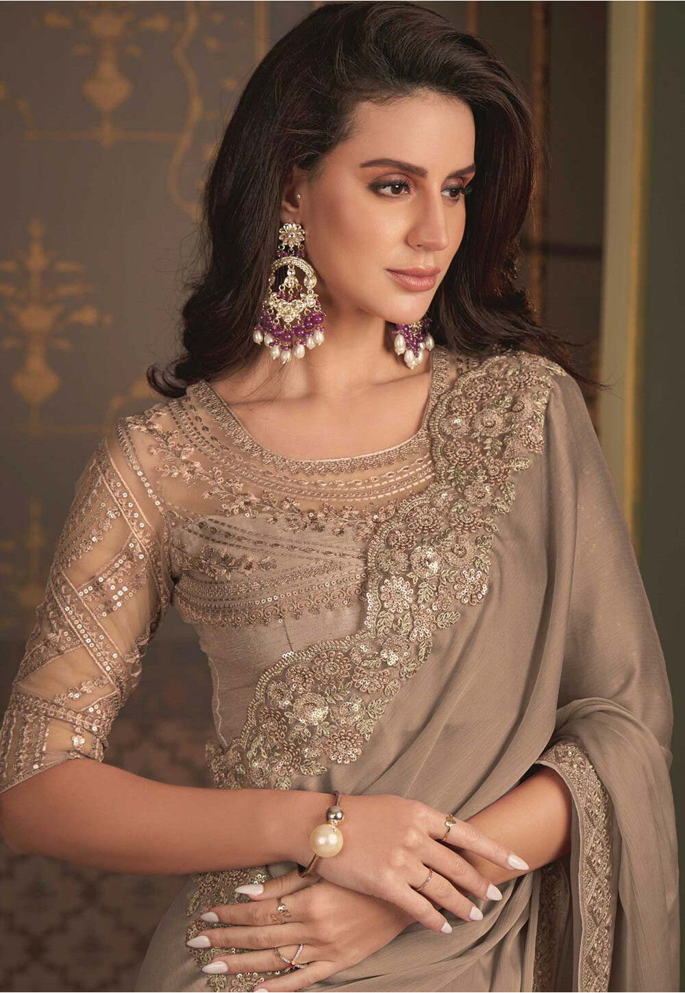 Buy Embroidered Border Chiffon Saree in Beige Online : SKGA2314 - Utsav ...