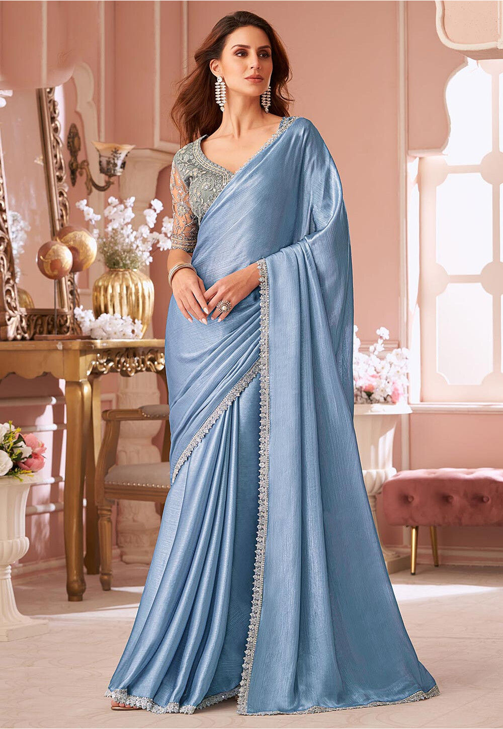 light blue border saree