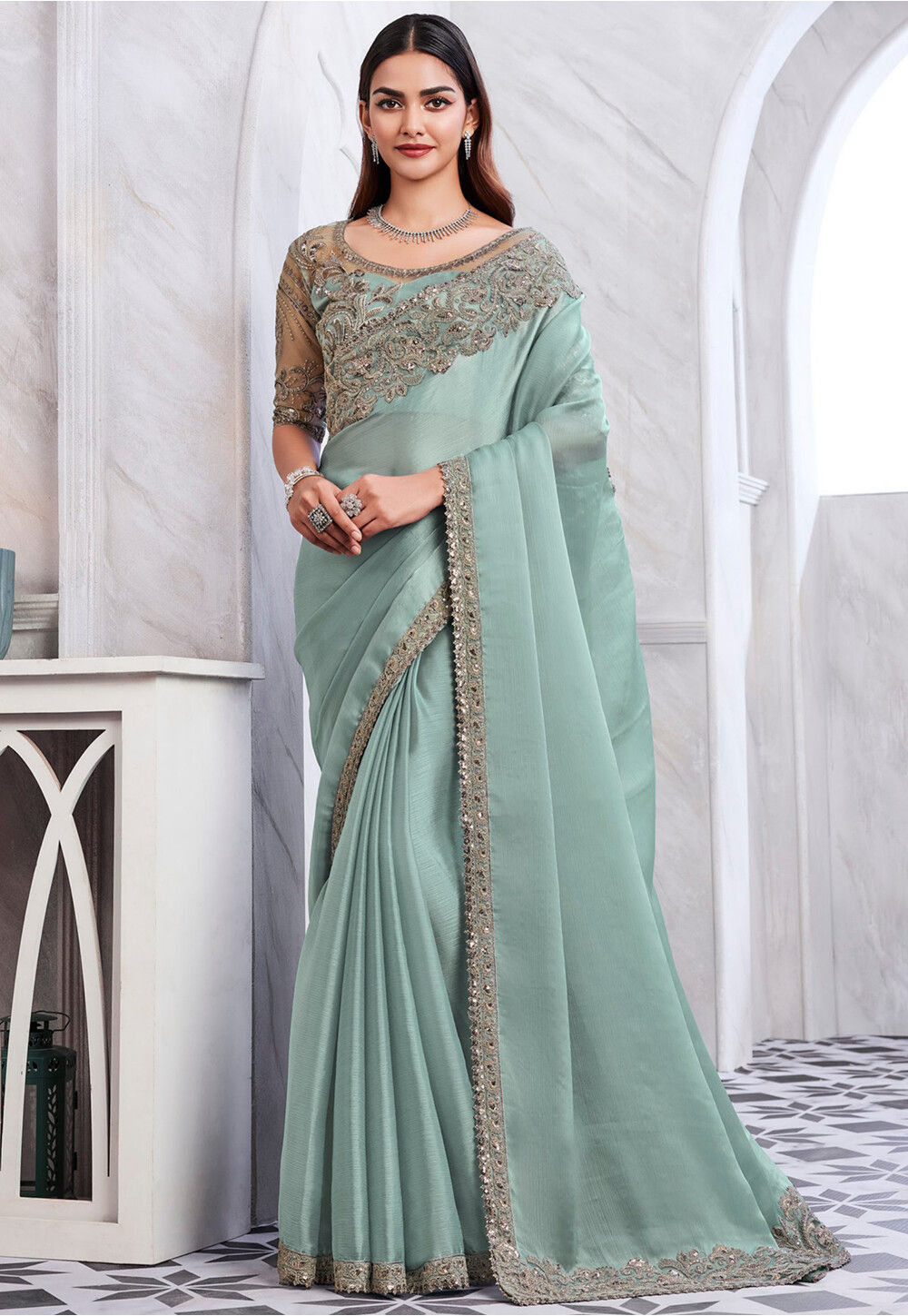 Buy Embroidered Border Chiffon Shimmer Saree in Sea Green Online ...
