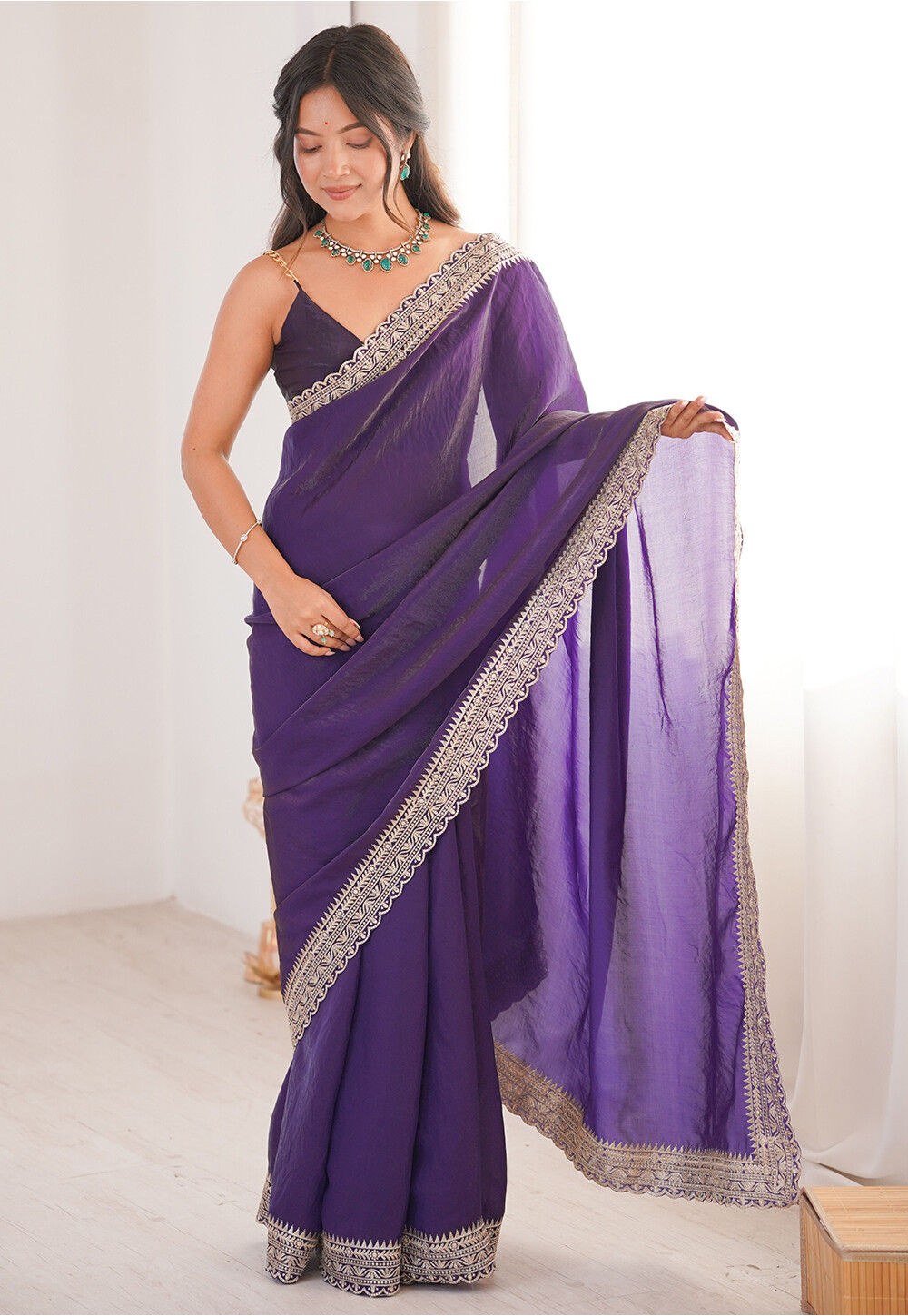 Buy Embroidered Border Chinon Silk Saree in Purple Online : SPF18619 ...