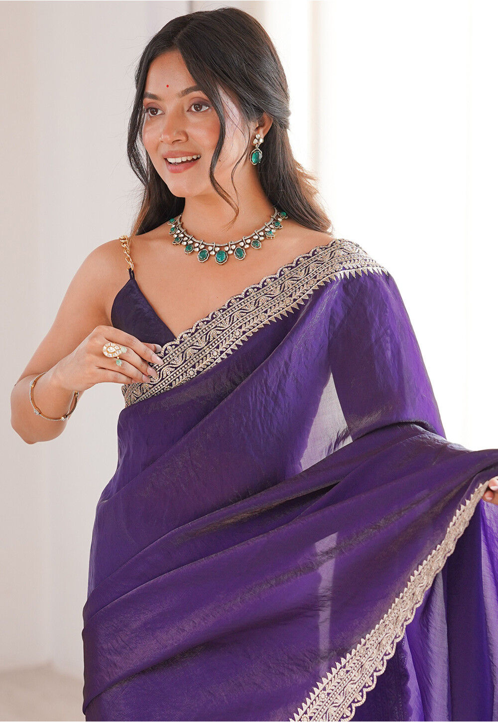 Buy Embroidered Border Chinon Silk Saree in Purple Online : SPF18619 ...