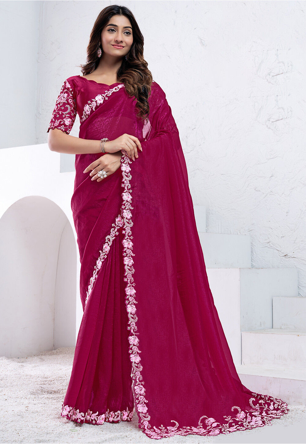 Buy Embroidered Border Crepe Silk Saree in Pink Online : SBHA3641 ...