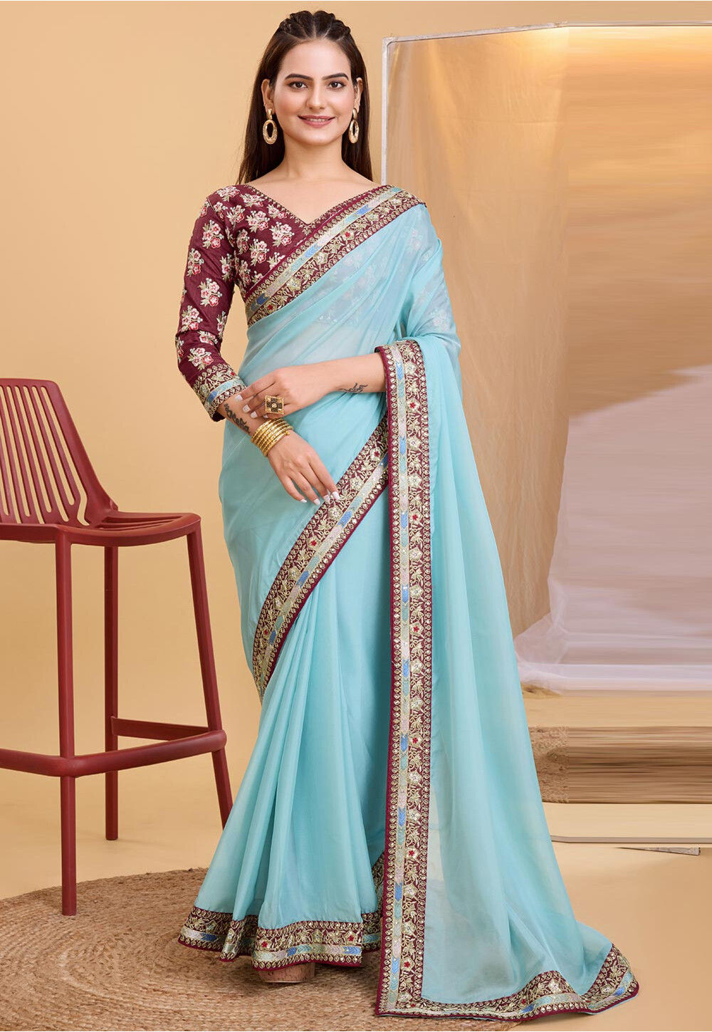 Buy Embroidered Border Organza Saree in Sky Blue Online : SPF11101 ...