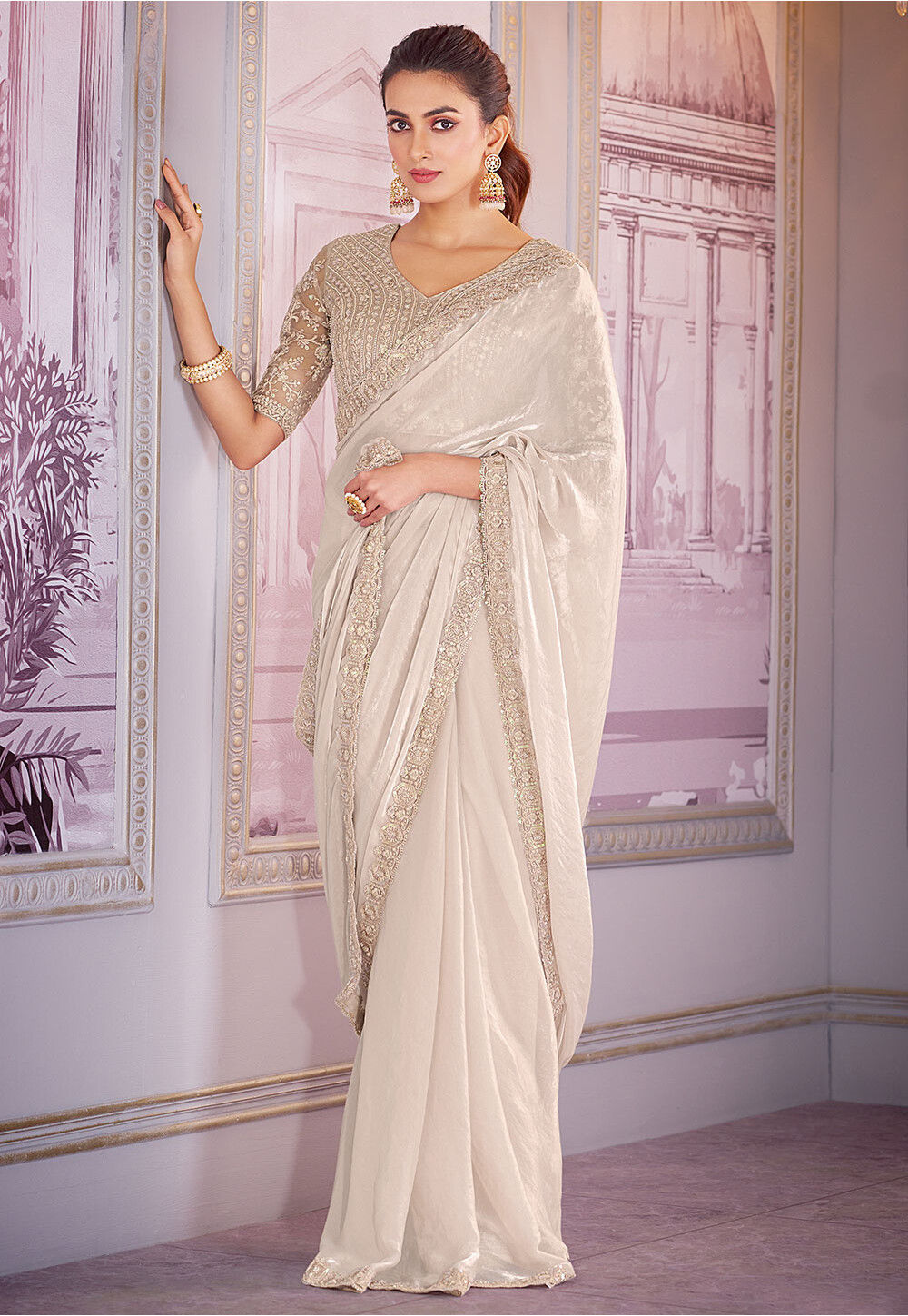 Buy Embroidered Border Organza Scalloped Saree in Off White Online ...