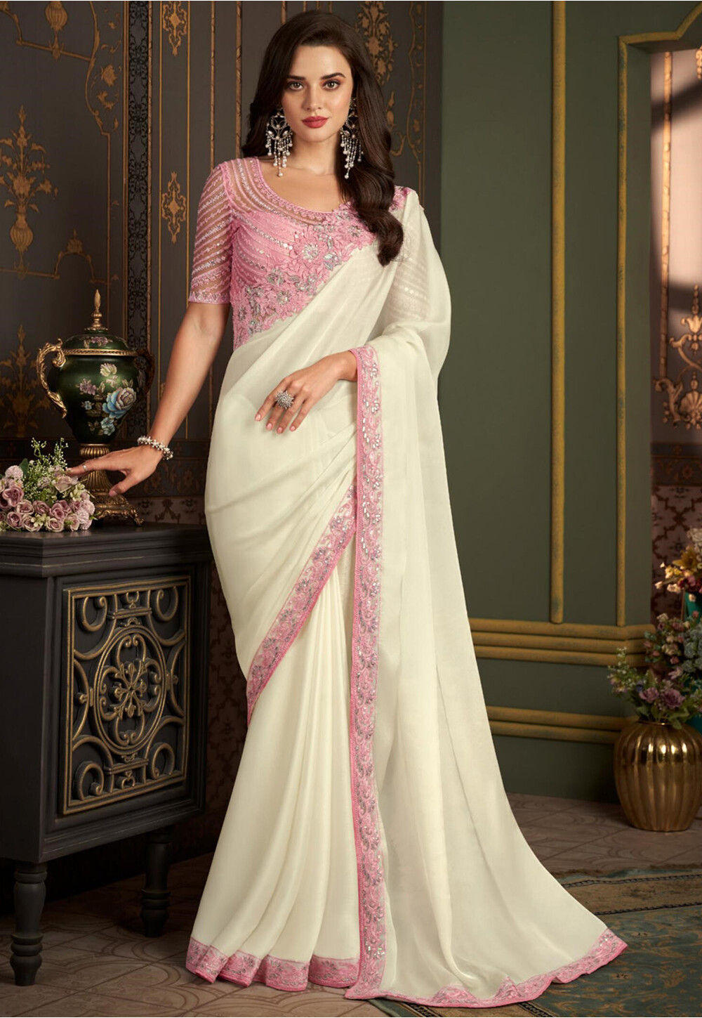 Buy Embroidered Border Satin Georgette Saree in Off White Online ...