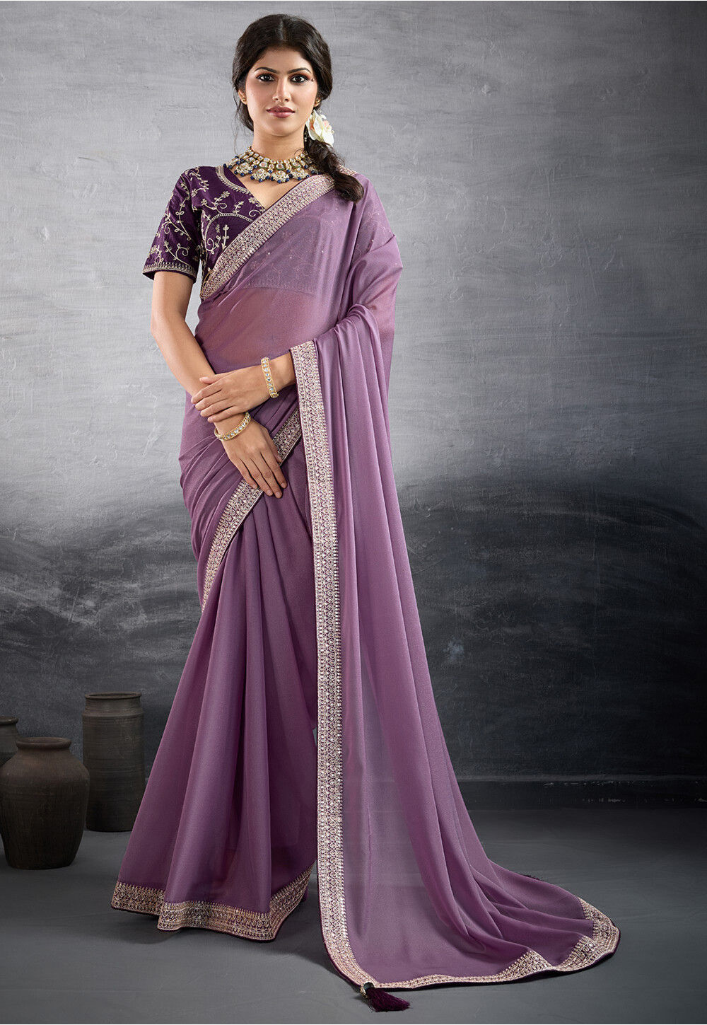 Buy Embroidered Border Satin Georgette Saree in Purple Online ...