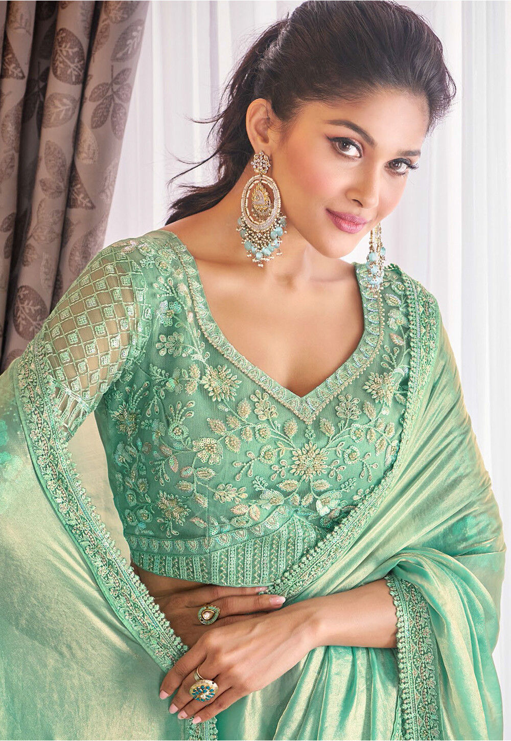 Buy Embroidered Border Satin Organza Saree in Light Green Online ...