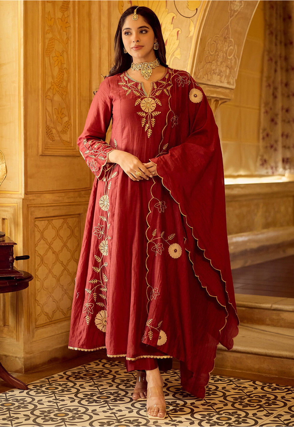 Buy Embroidered Chanderi Silk A Line Suit in Maroon Online : KJC7614 ...