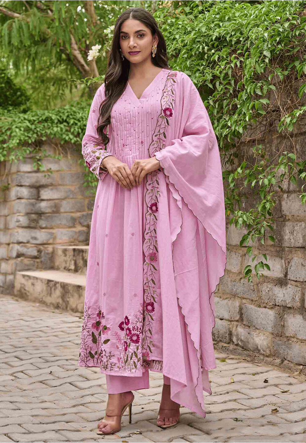 Buy Embroidered Chanderi Silk A Line Suit in Pink Online : KRD1313 - Utsav Fashion