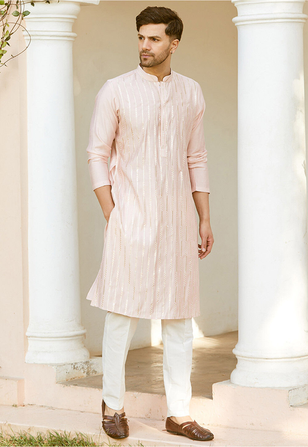 Buy Embroidered Chanderi Silk Kurta Set in Baby Pink Online : MEE1959 ...