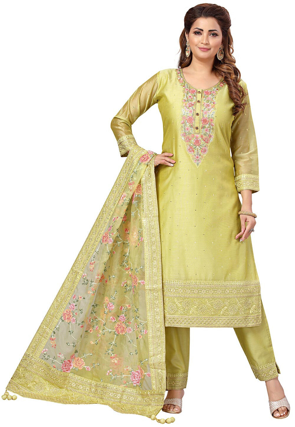 Buy Embroidered Chanderi Silk Pakistani Suit in Light Olive Green ...