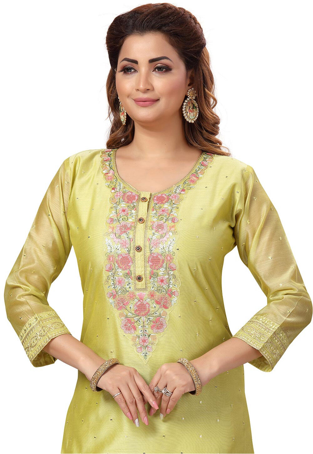 Buy Embroidered Chanderi Silk Pakistani Suit in Light Olive Green ...