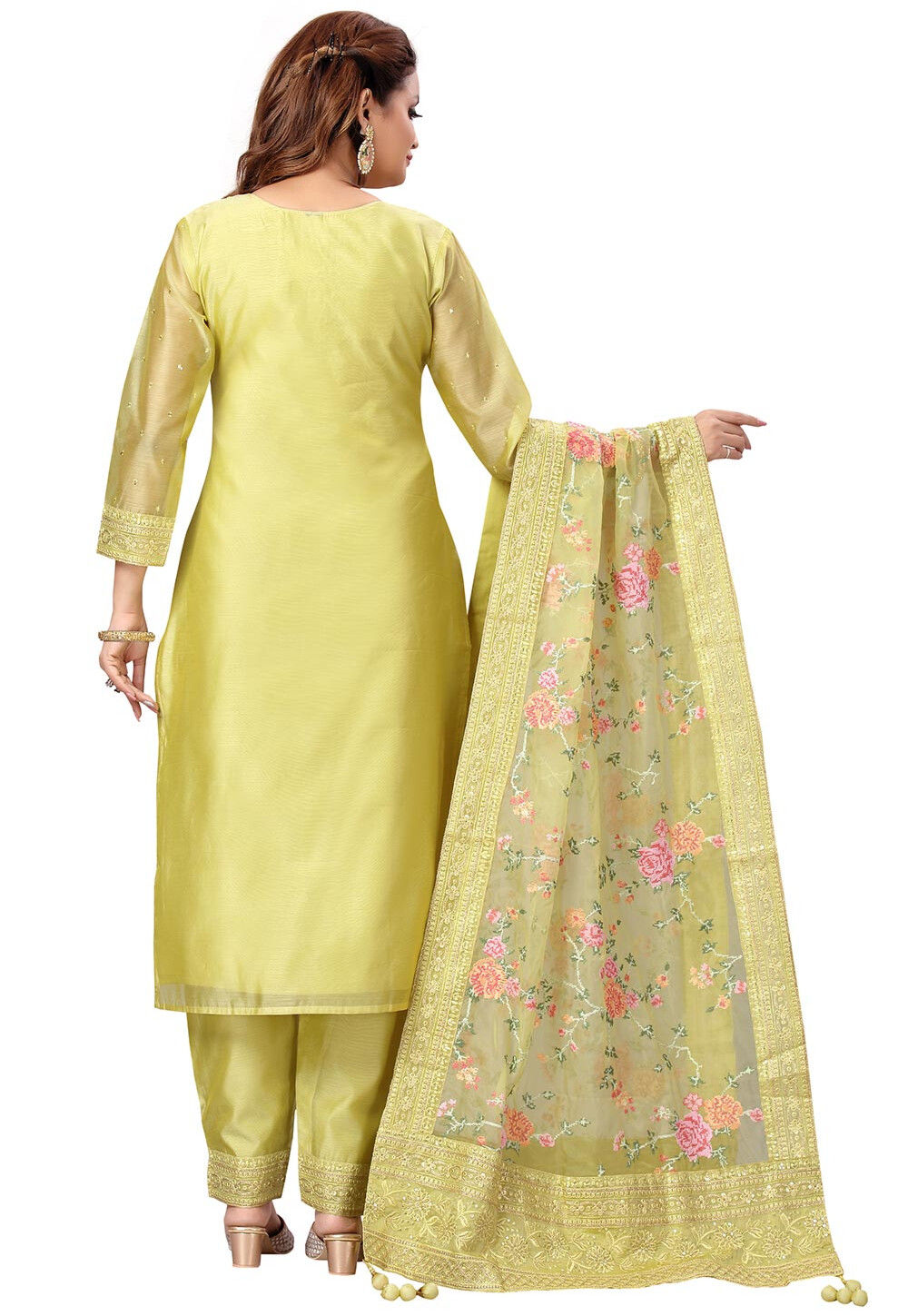 Buy Embroidered Chanderi Silk Pakistani Suit in Light Olive Green ...