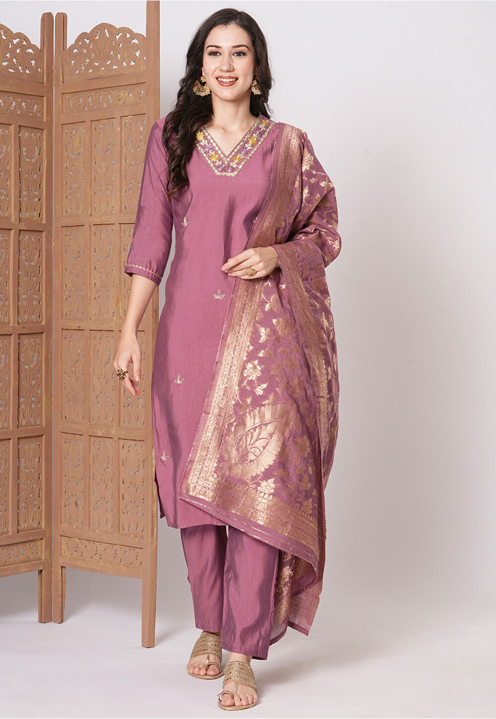 Buy Embroidered Chanderi Silk Pakistani Suit in Old Rose Online ...