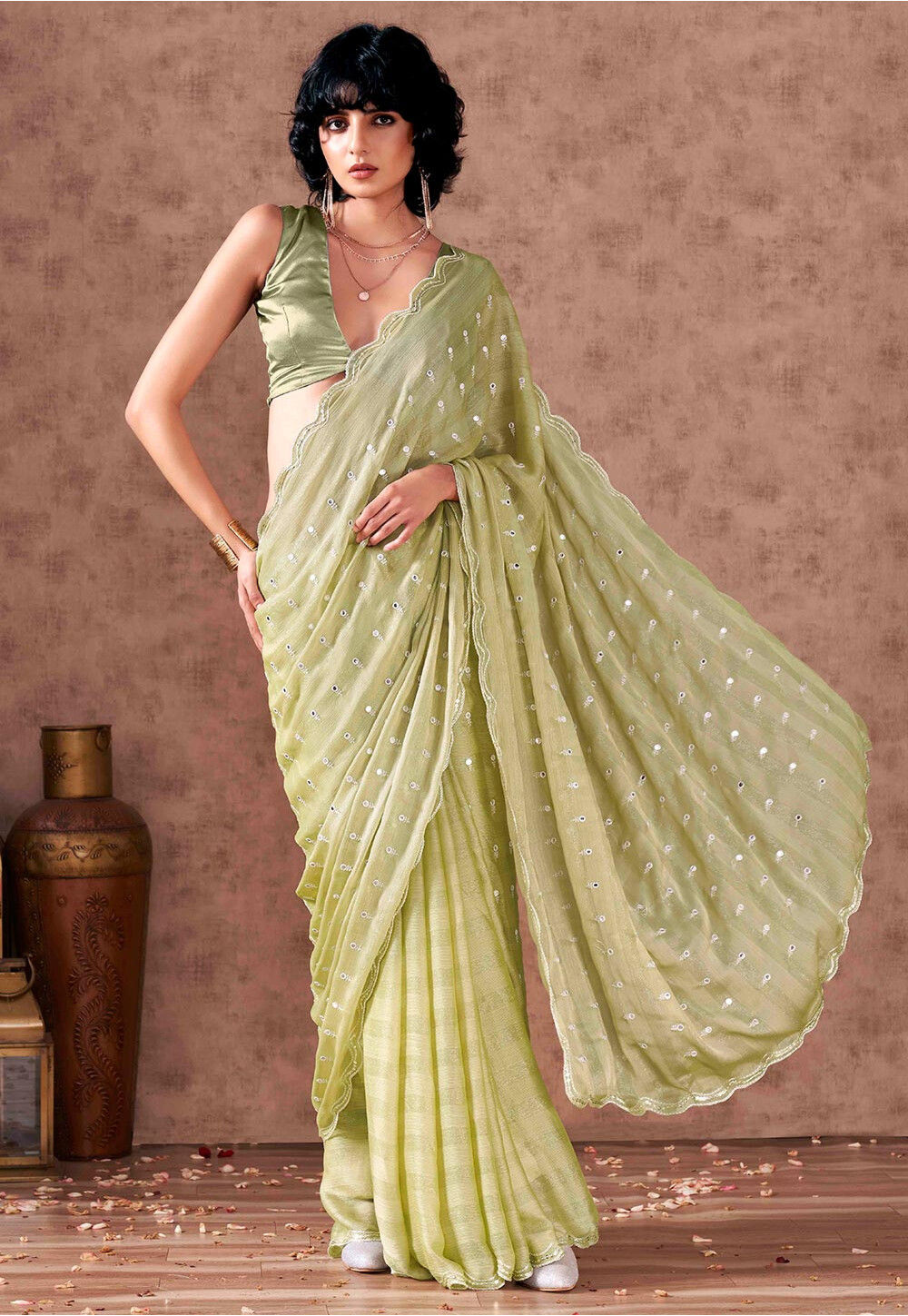 Buy Embroidered Chiffon Brasso Scalloped Saree in Light Green Online ...