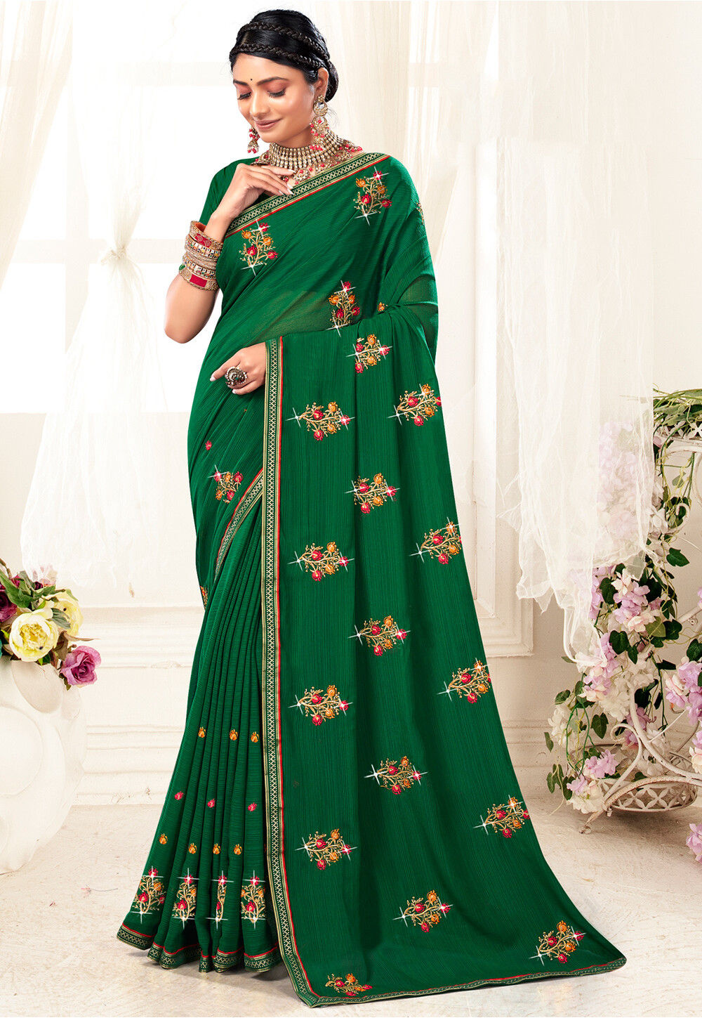 Buy Embroidered Chiffon Saree in Dark Green Online : SPF9050 - Utsav ...