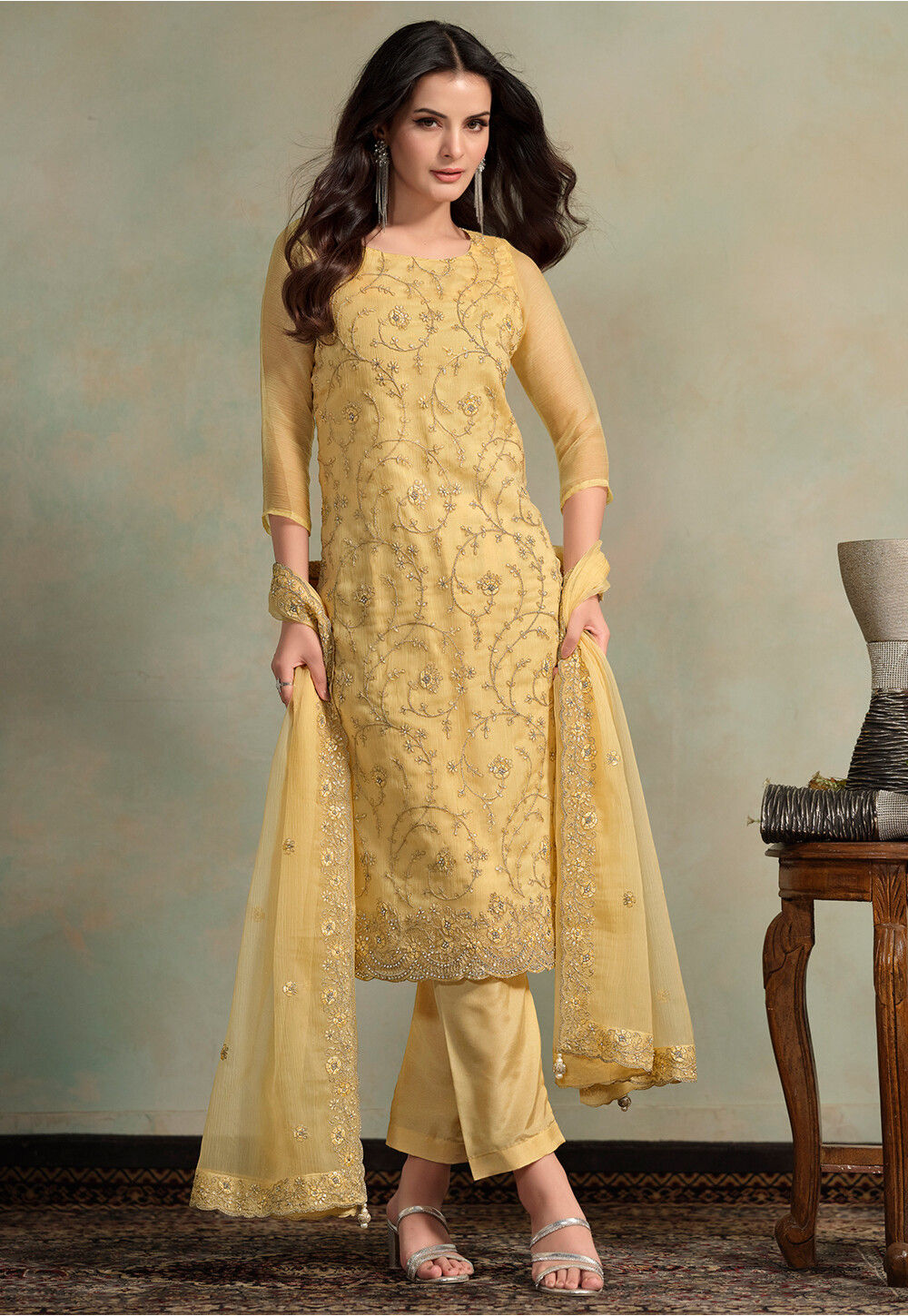 Buy Embroidered Chiffon Scalloped Pakistani Suit in Yellow Online ...
