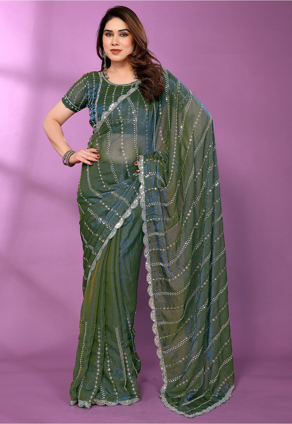 Buy Embroidered Chiffon Shimmer Scalloped Saree in Dusty Green Online ...