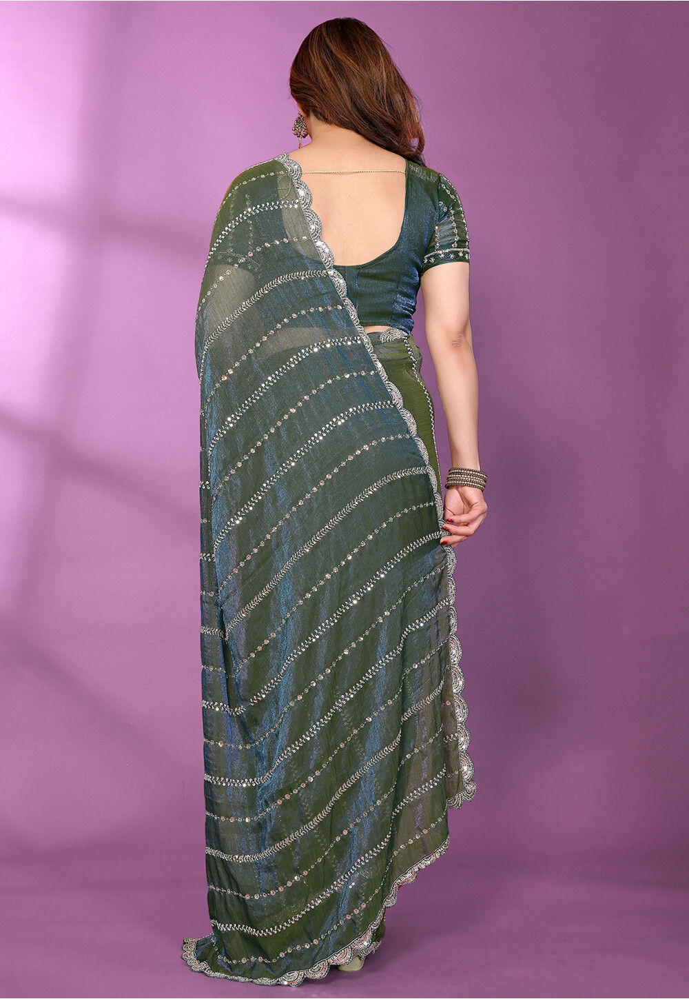 Buy Embroidered Chiffon Shimmer Scalloped Saree in Dusty Green Online ...