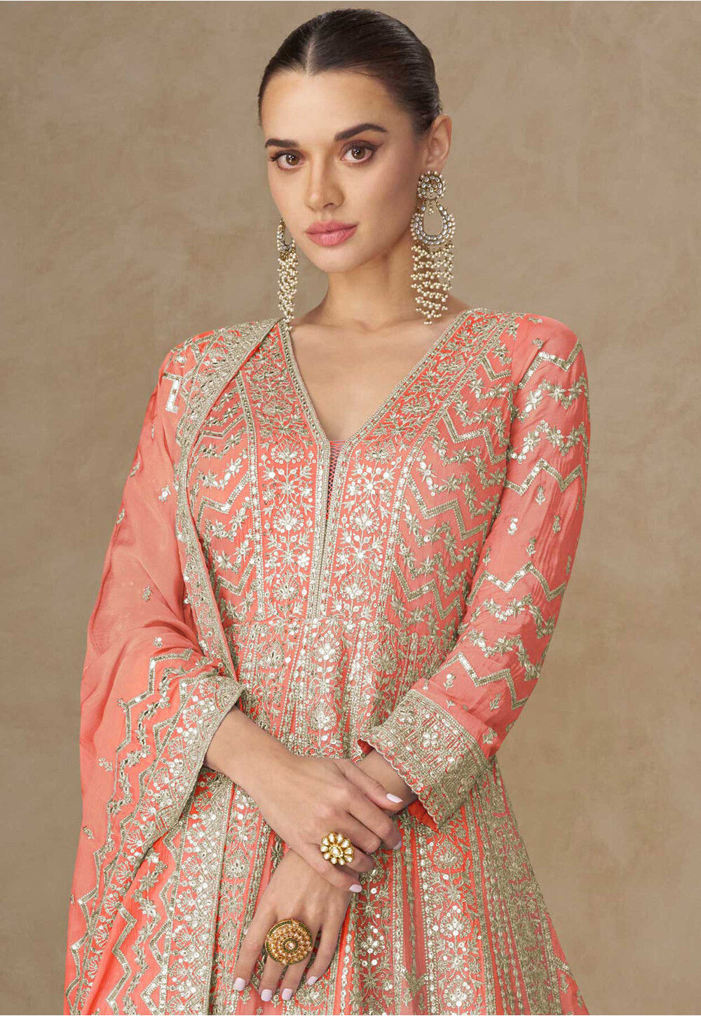 Buy Embroidered Chinon Chiffon Abaya Style Suit in Peach Online ...