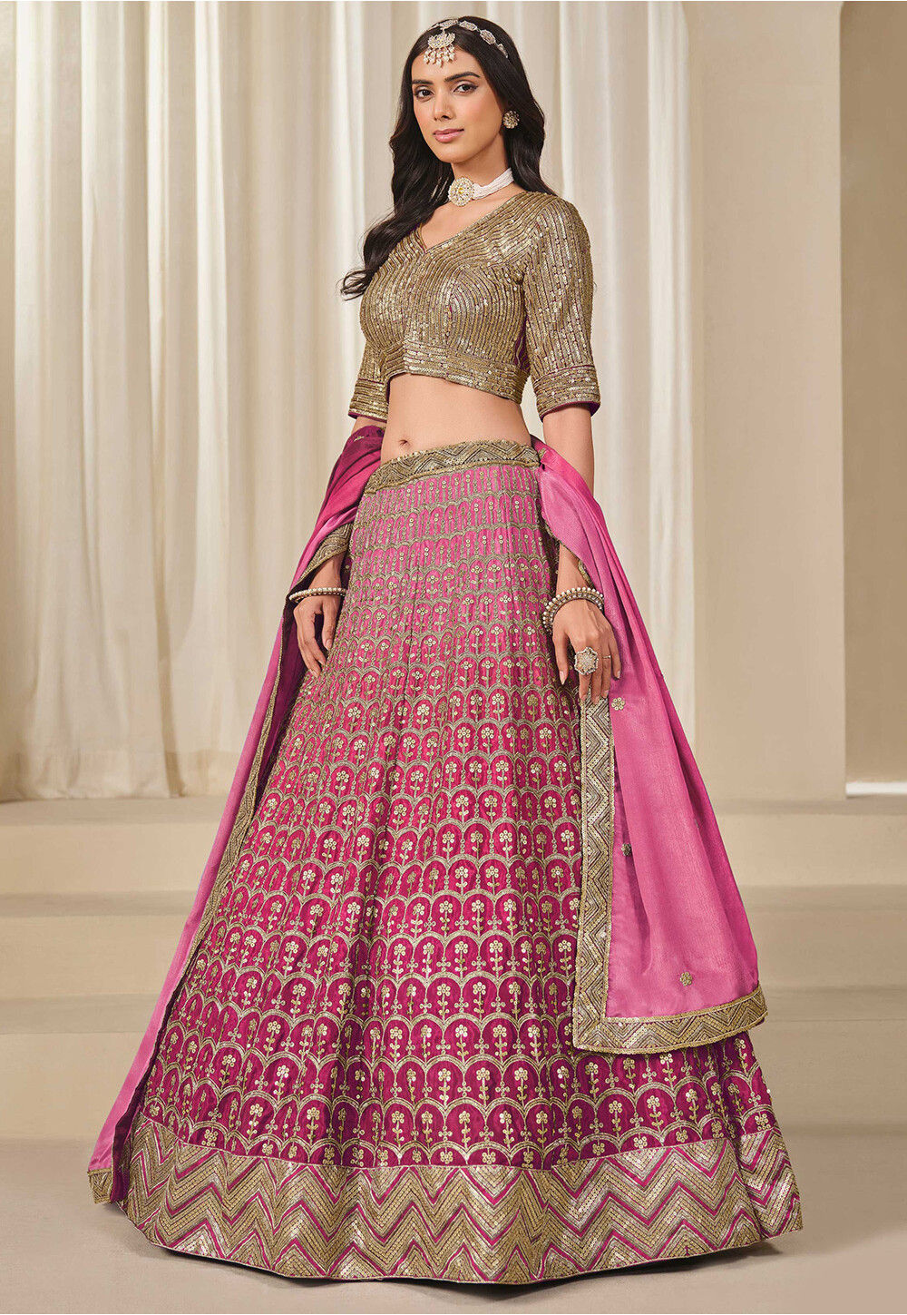 Buy Embroidered Chinon Chiffon Lehenga in Pink Ombre Online : LCC3633 ...