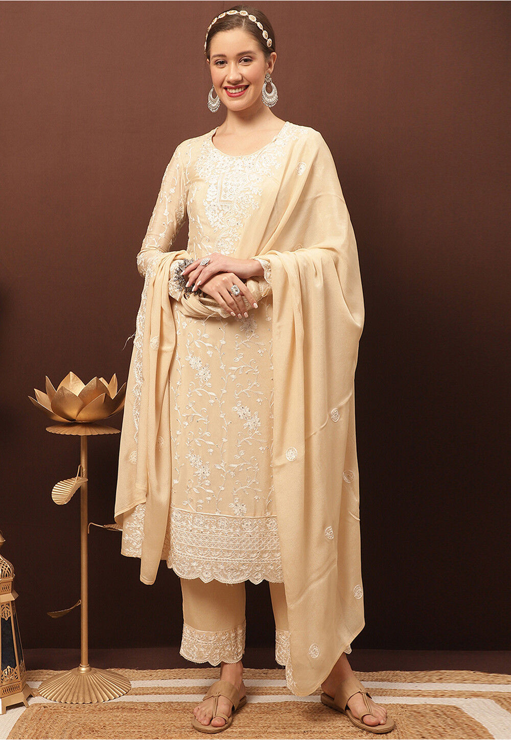 Buy Embroidered Chinon Chiffon Pakistani Suit in Beige Online : KPV1345 ...