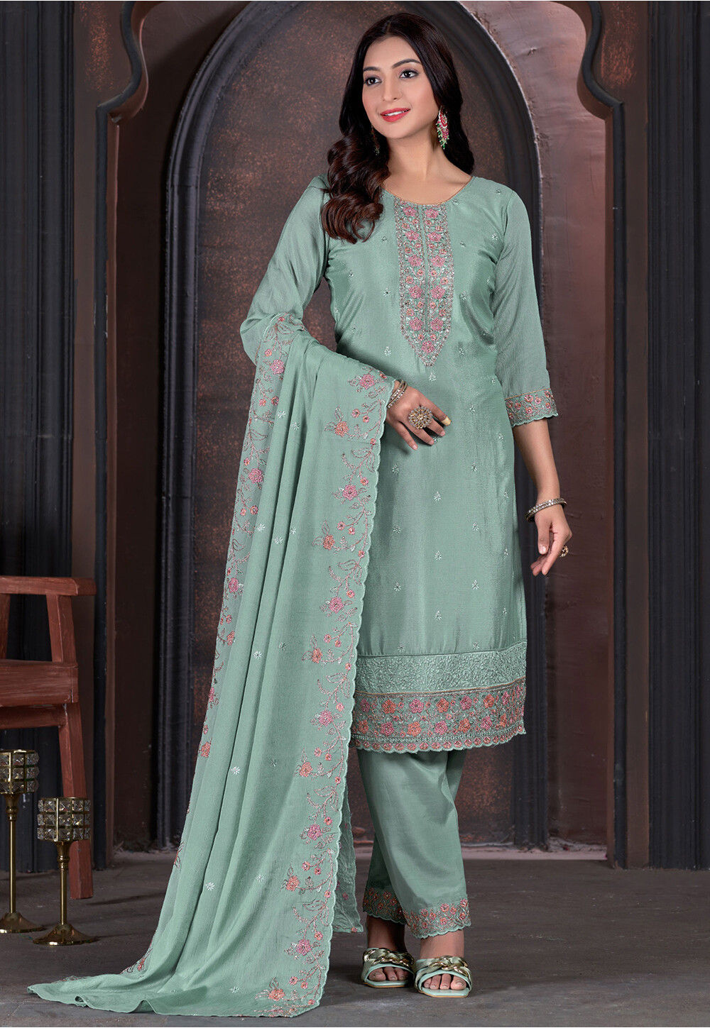 Buy Embroidered Chinon Chiffon Pakistani Suit in Dusty Green Online ...