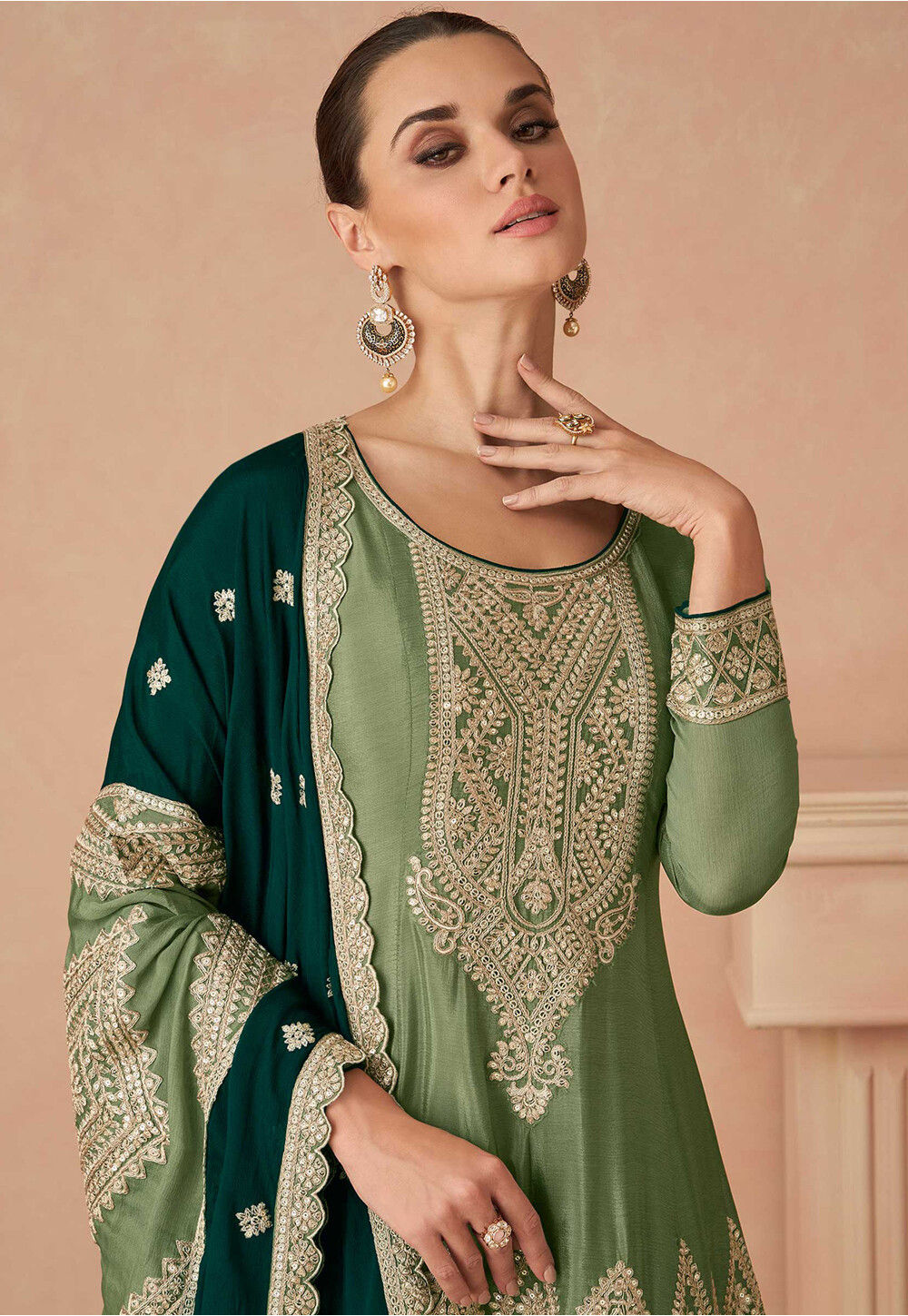 Buy Embroidered Chinon Chiffon Pakistani Suit in Dusty Green Online ...