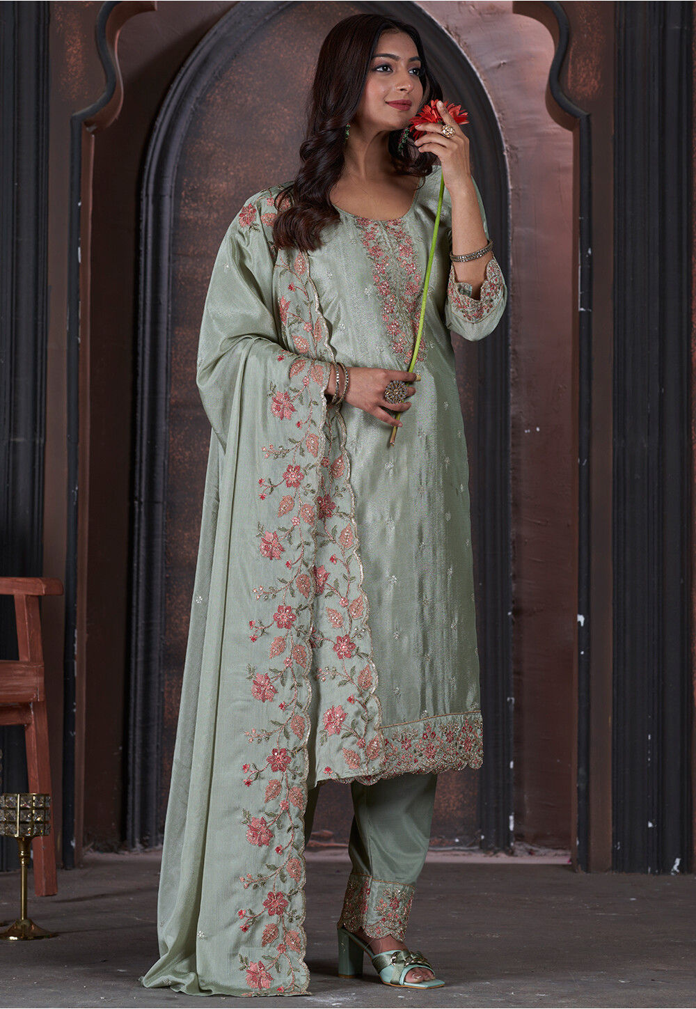 Buy Embroidered Chinon Chiffon Pakistani Suit in Dusty Green Online ...