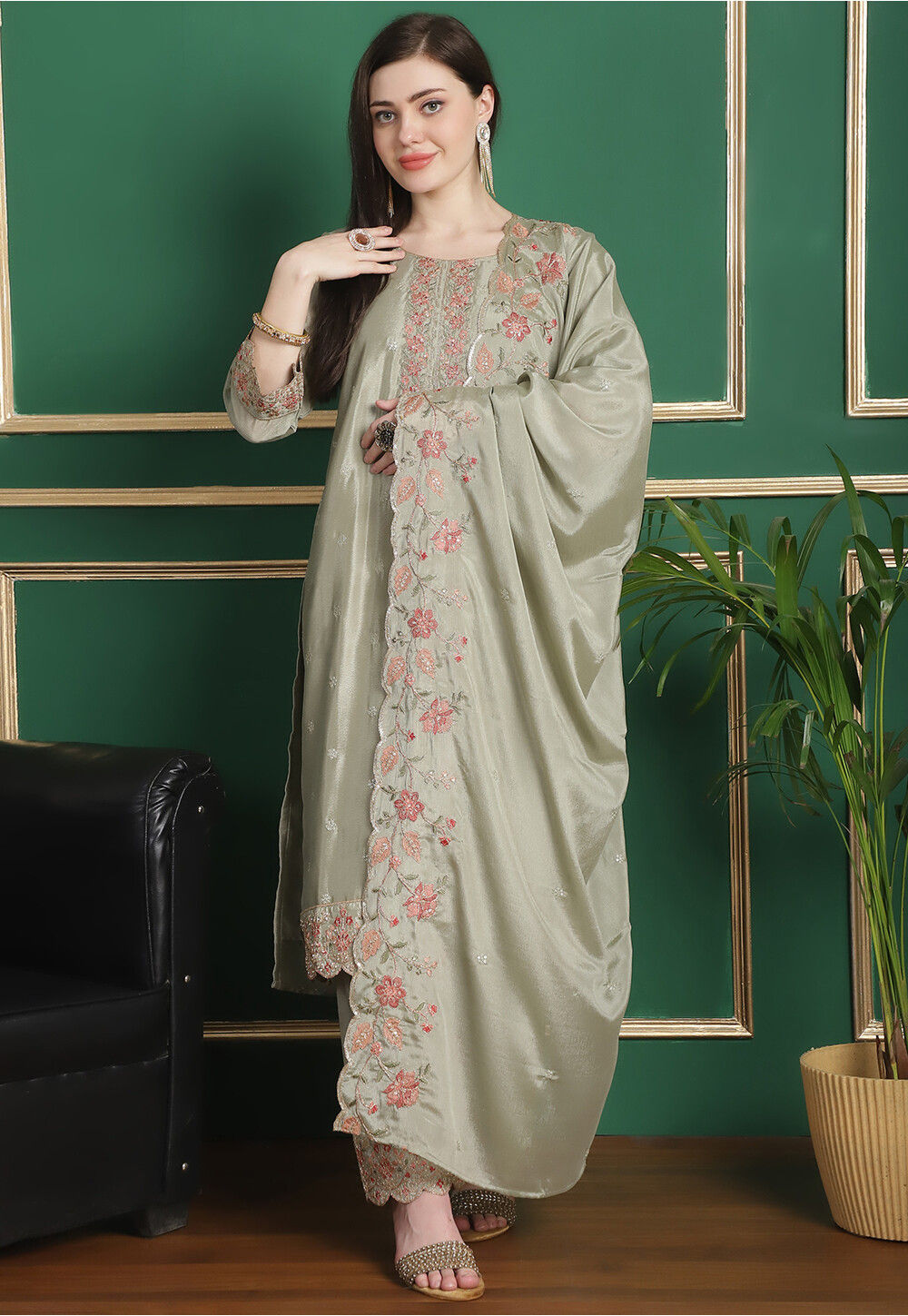 Buy Embroidered Chinon Chiffon Pakistani Suit in Dusty Green Online ...