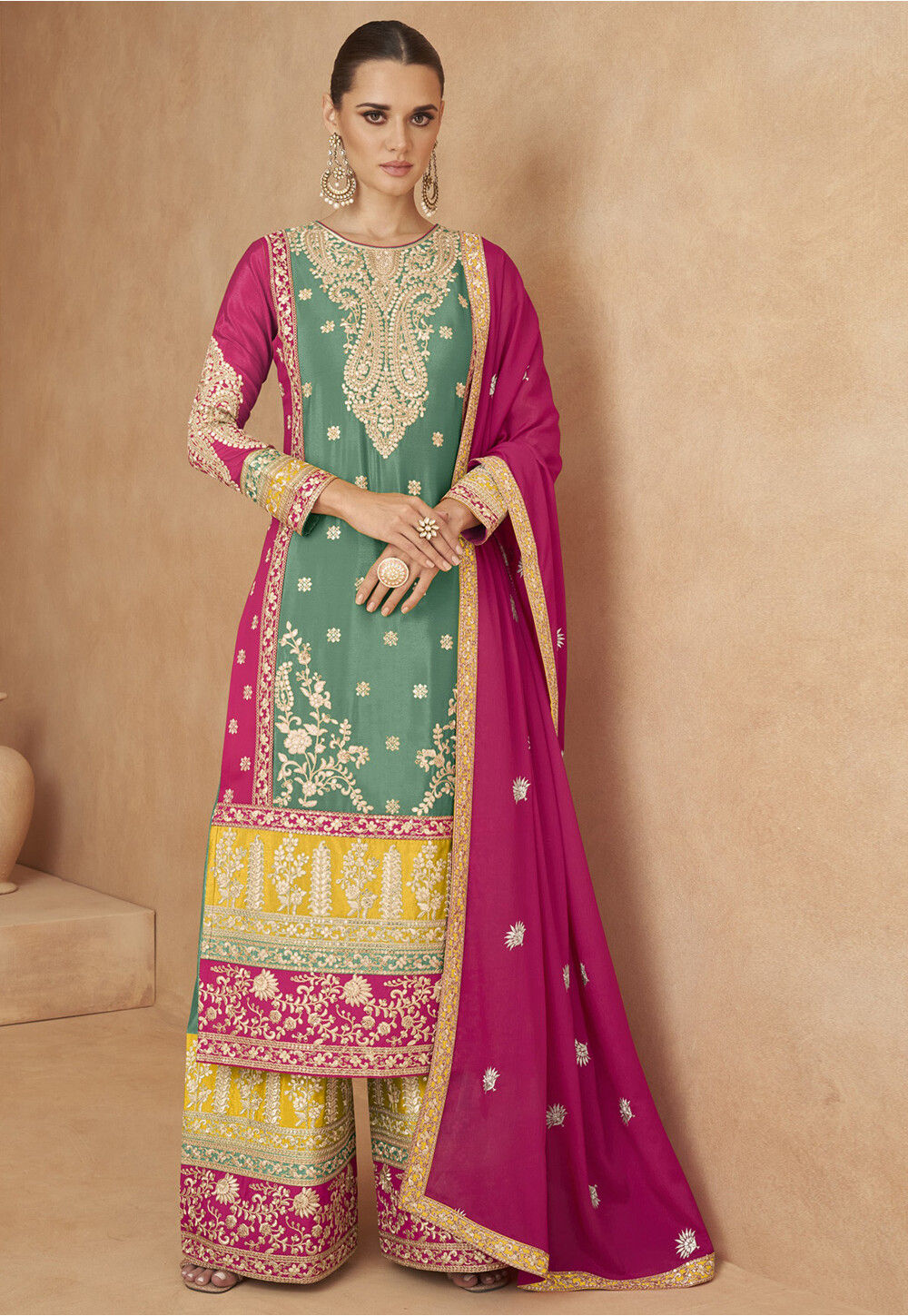 Buy Embroidered Chinon Chiffon Pakistani Suit in Dusty Green Online ...