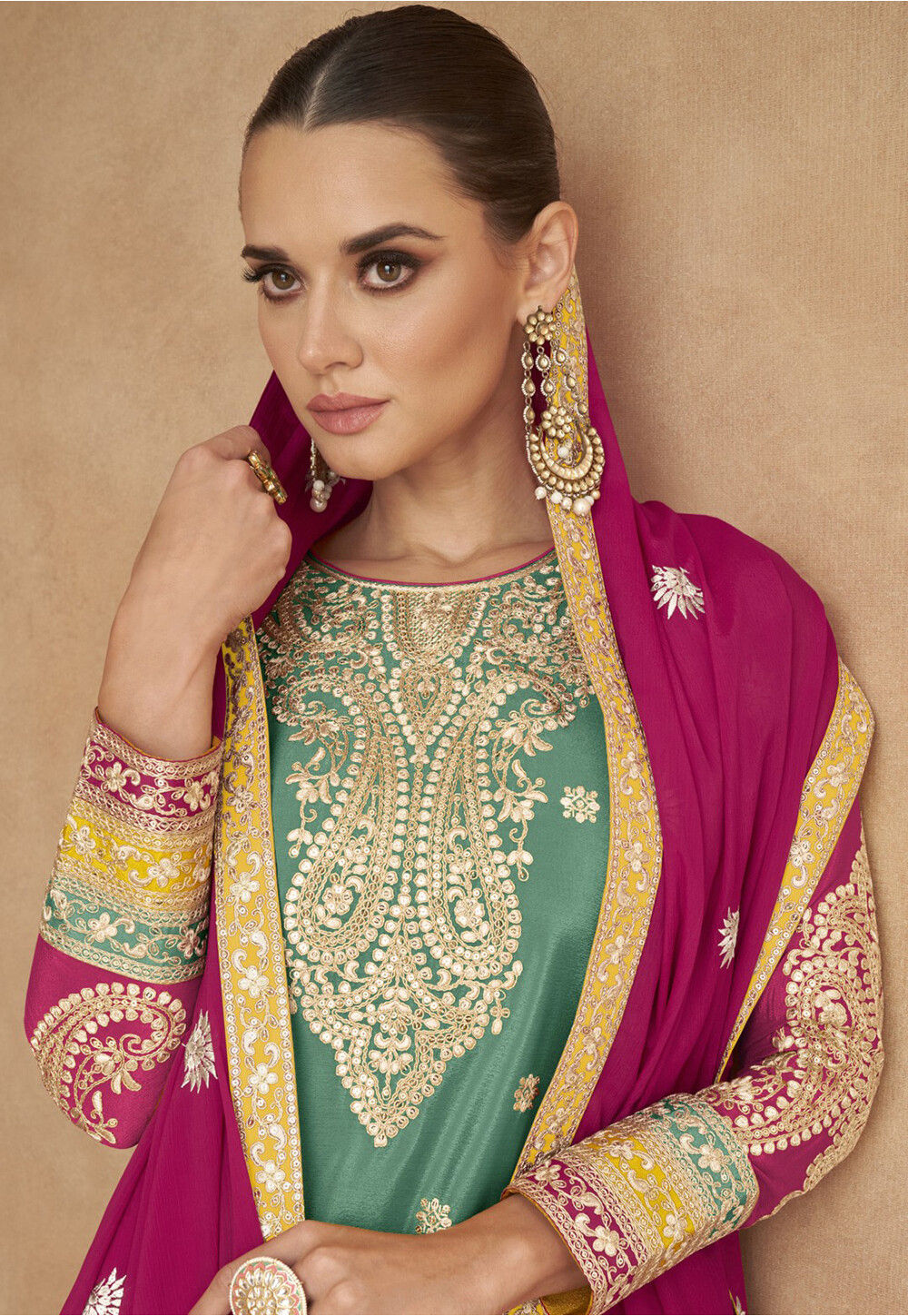 Buy Embroidered Chinon Chiffon Pakistani Suit in Dusty Green Online ...