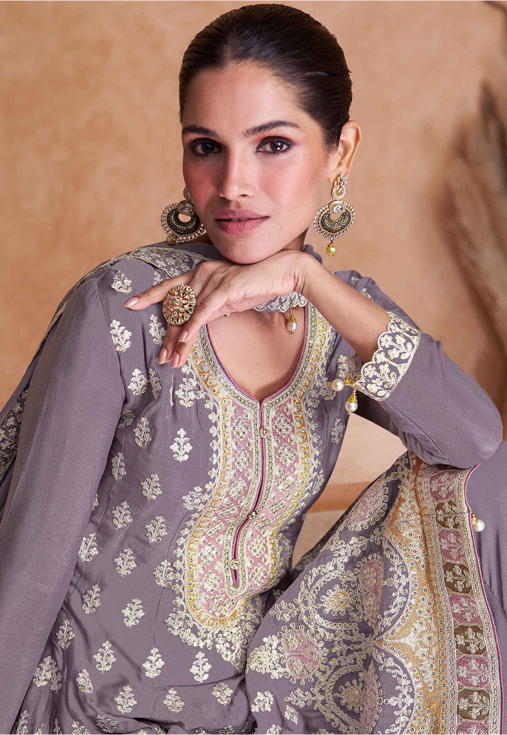 Embroidered Chinon Chiffon Pakistani Suit In Grey KCH11501 Embroidered Chinon Chiffon Pakistani Suit In Grey KCH11501