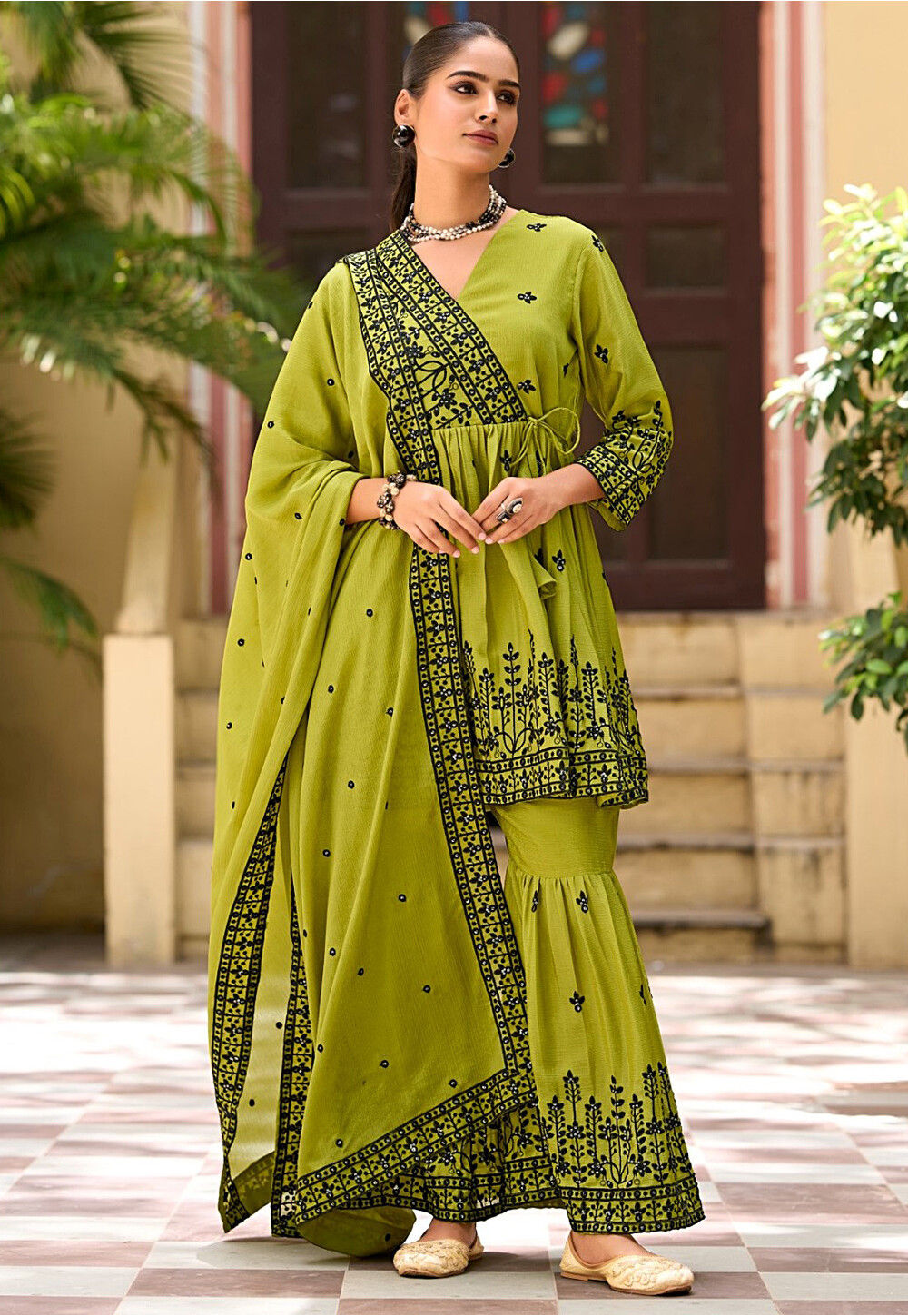 Buy Embroidered Chinon Chiffon Pakistani Suit in Light Olive Green ...