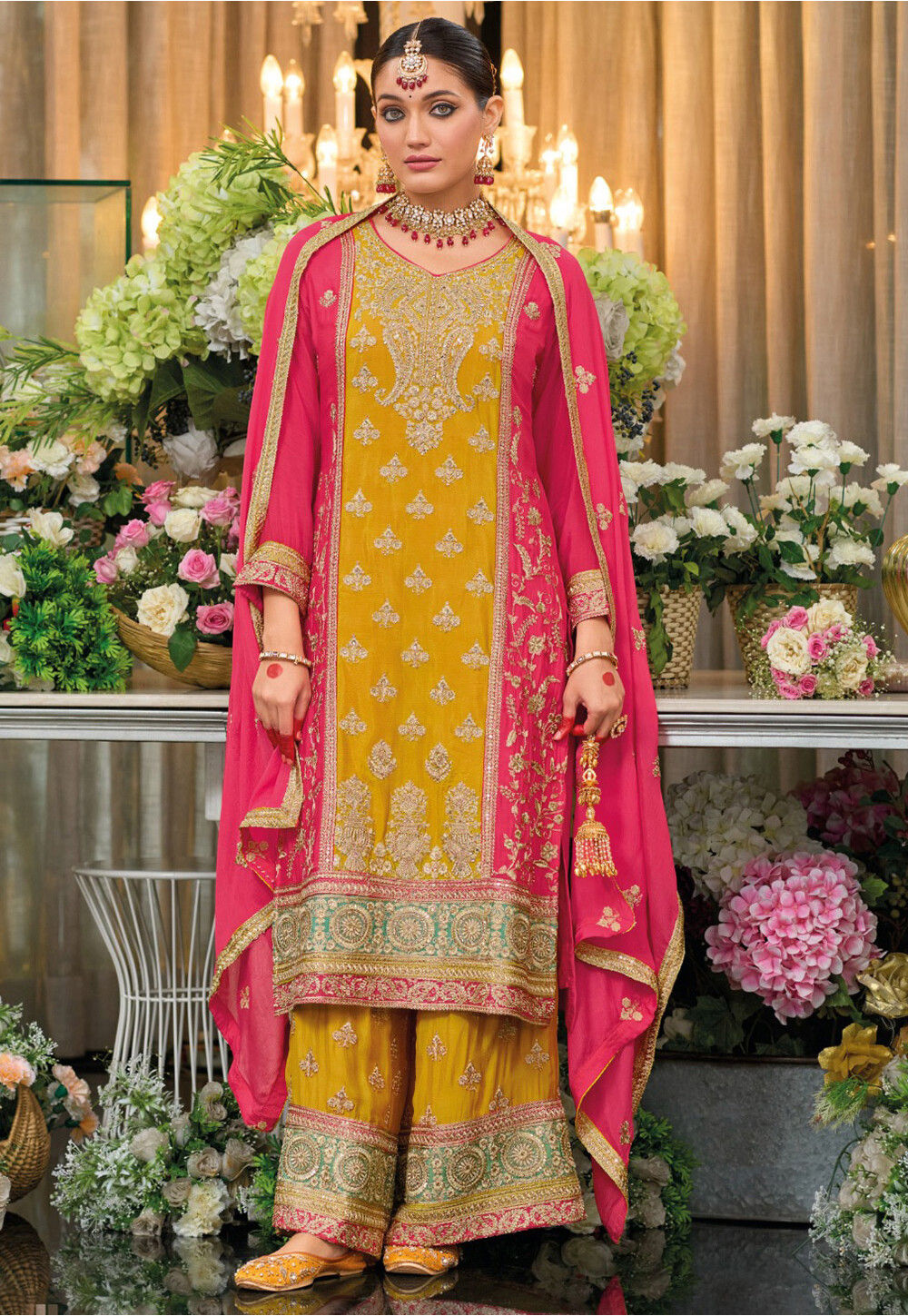 Buy Embroidered Chinon Chiffon Pakistani Suit in Mustard and Pink ...