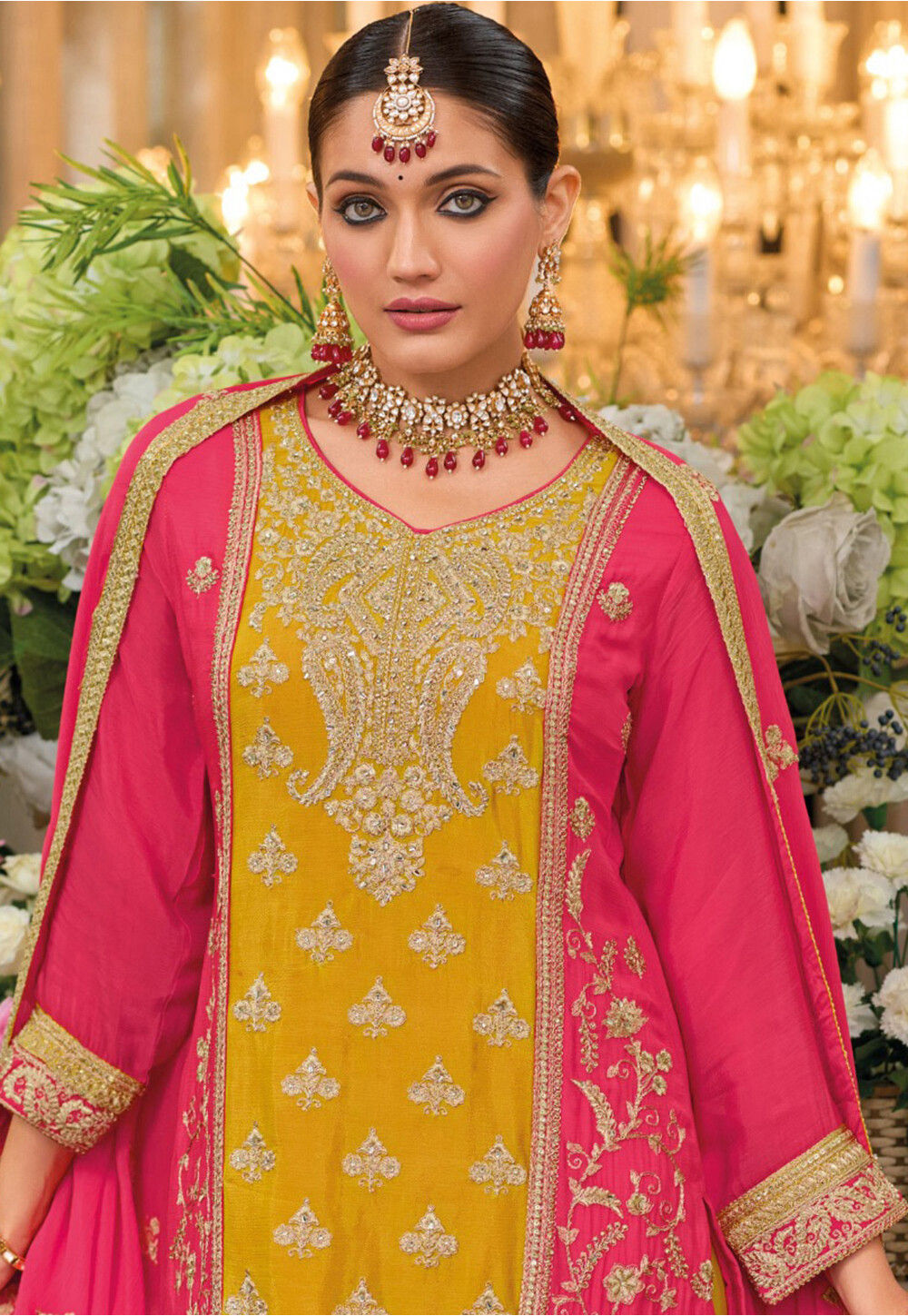 Buy Embroidered Chinon Chiffon Pakistani Suit in Mustard and Pink ...